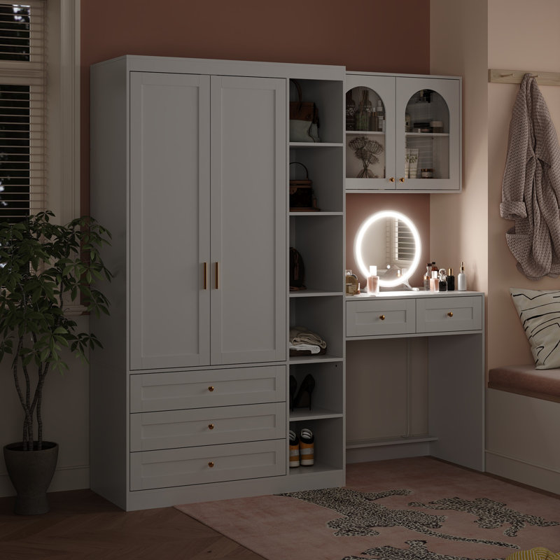 Modern Wardrobe With Dressing Table And Adjustable Light Mirror